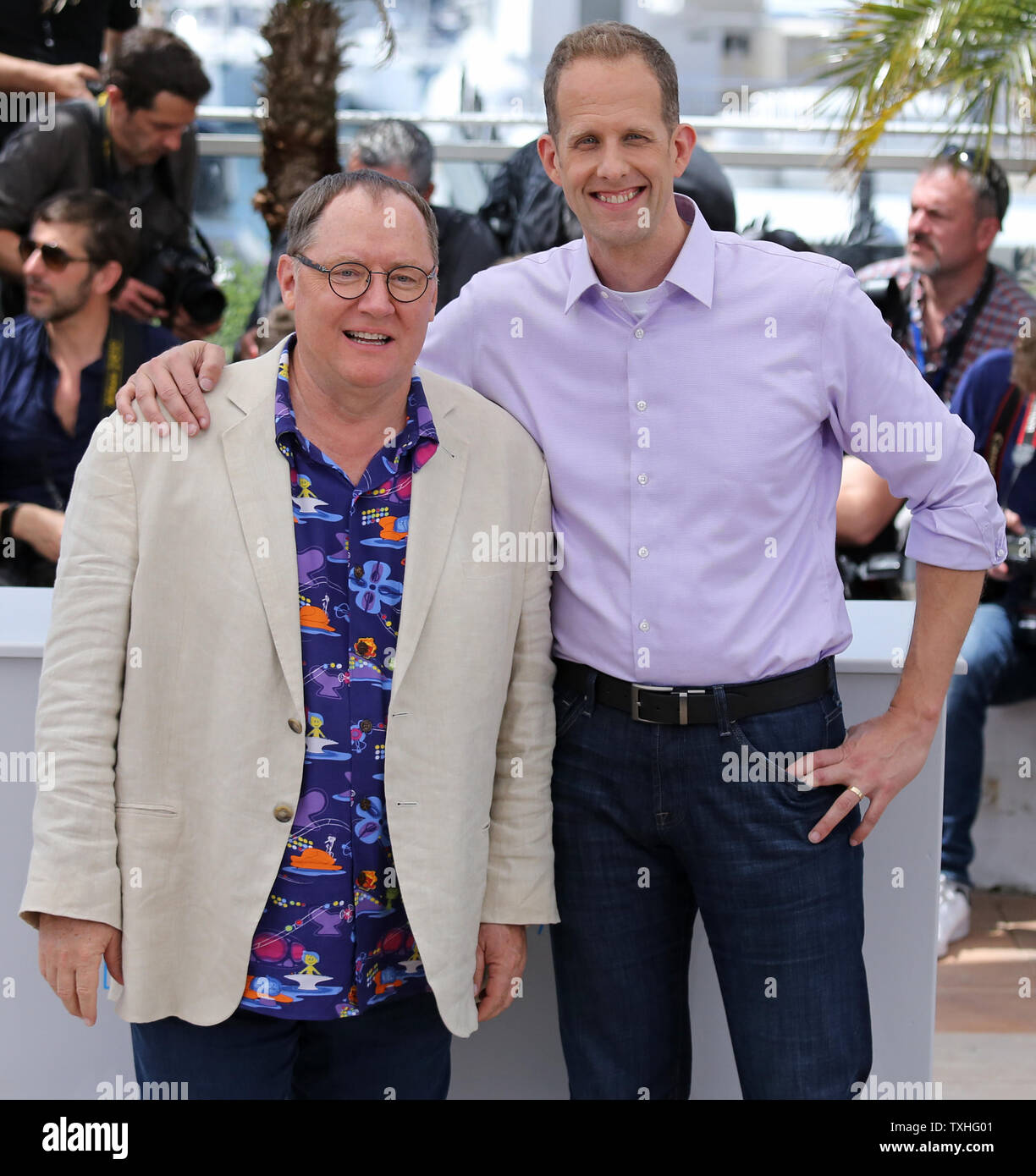 Disney Chief Creative Officer John Lasseter (L) and Pete Docter arrive at a photocall for the ...