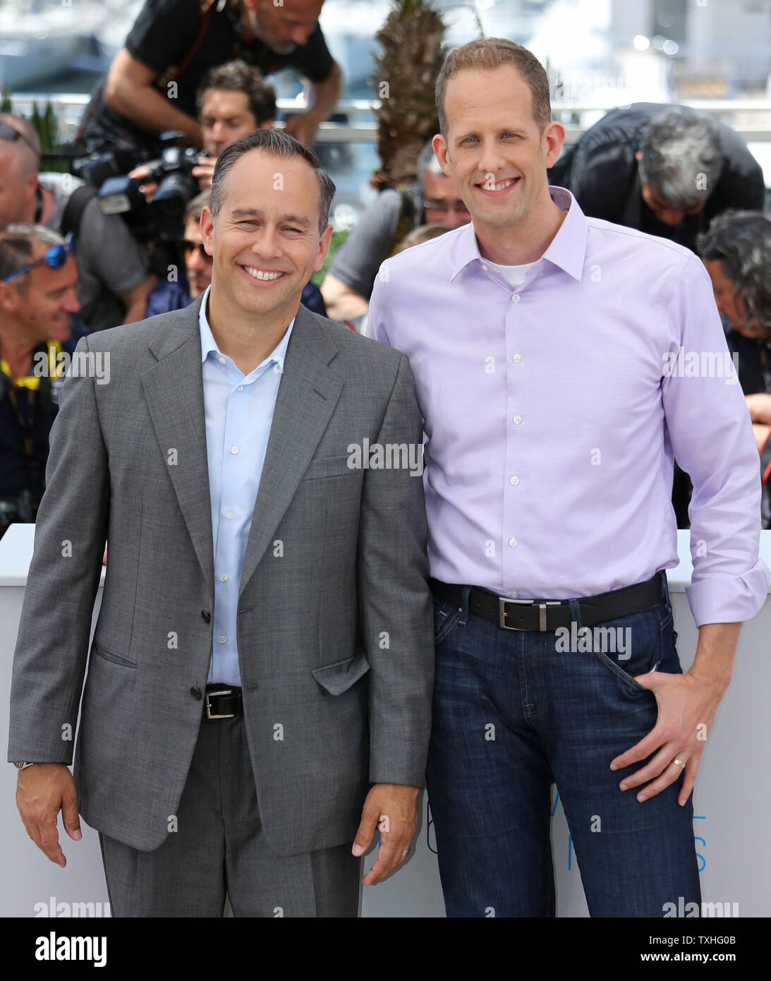 Jonas Rivera (L) and Pete Docter arrive at a photocall for the film ...