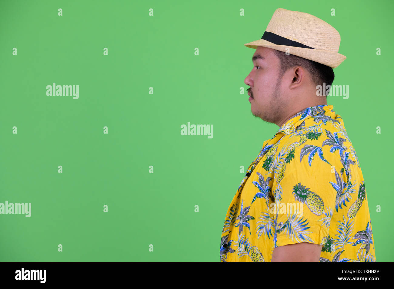 Profile view of young overweight Asian tourist man Stock Photo - Alamy