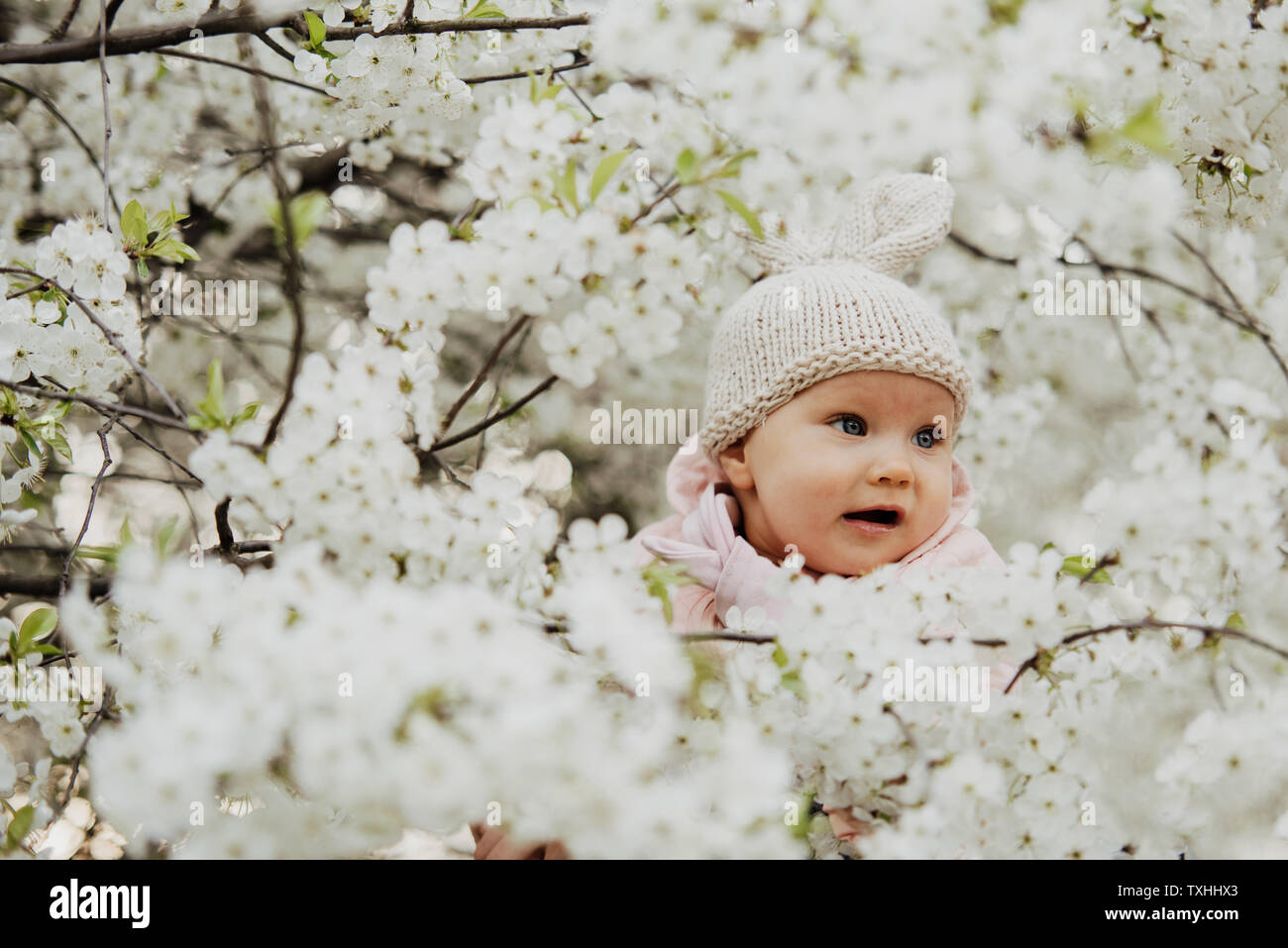 a little girl dressed up as a bunny in flowers, Easter Stock Photo - Alamy