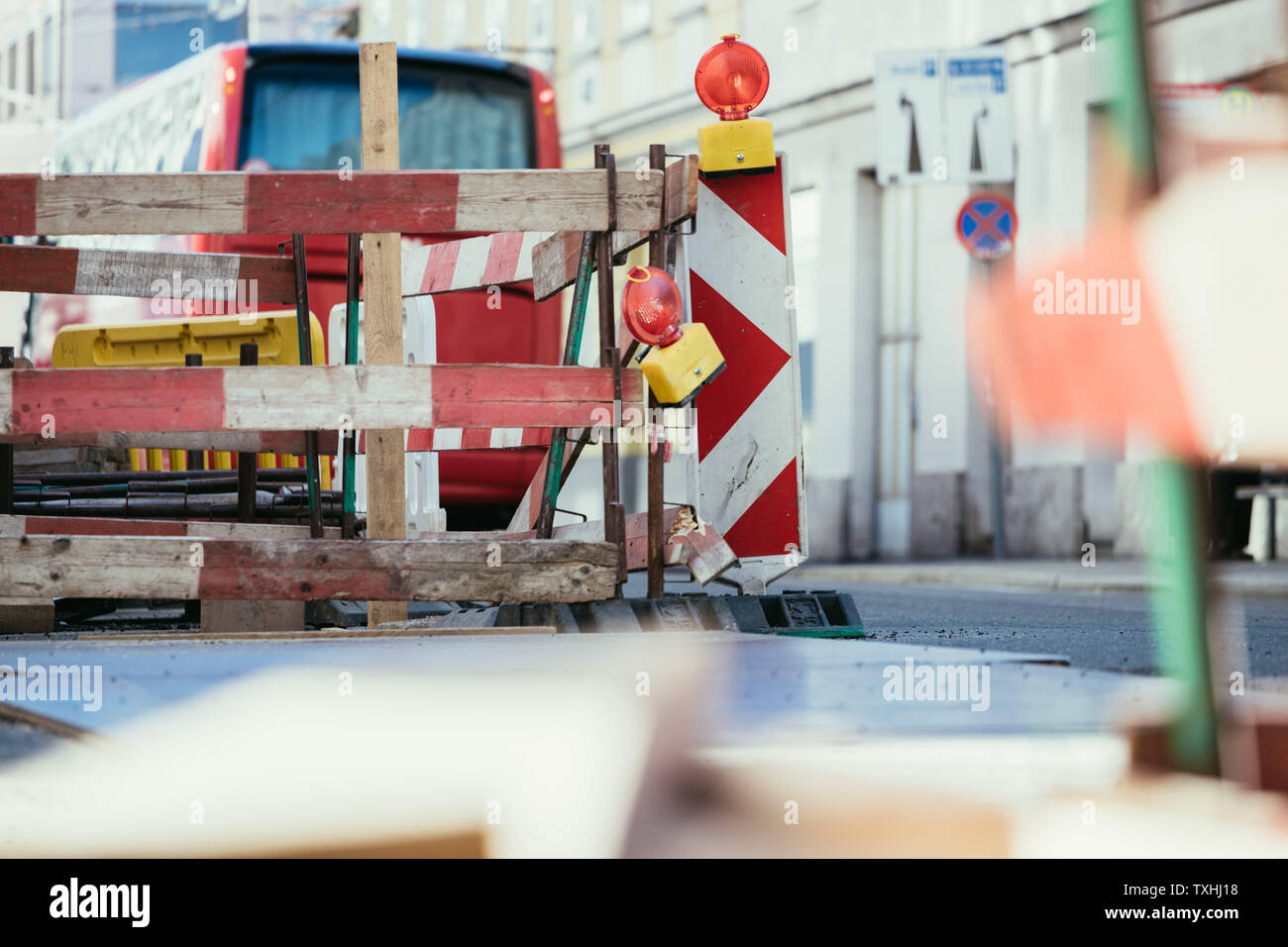 Road works with signal or warning lamp, summer time Stock Photo - Alamy