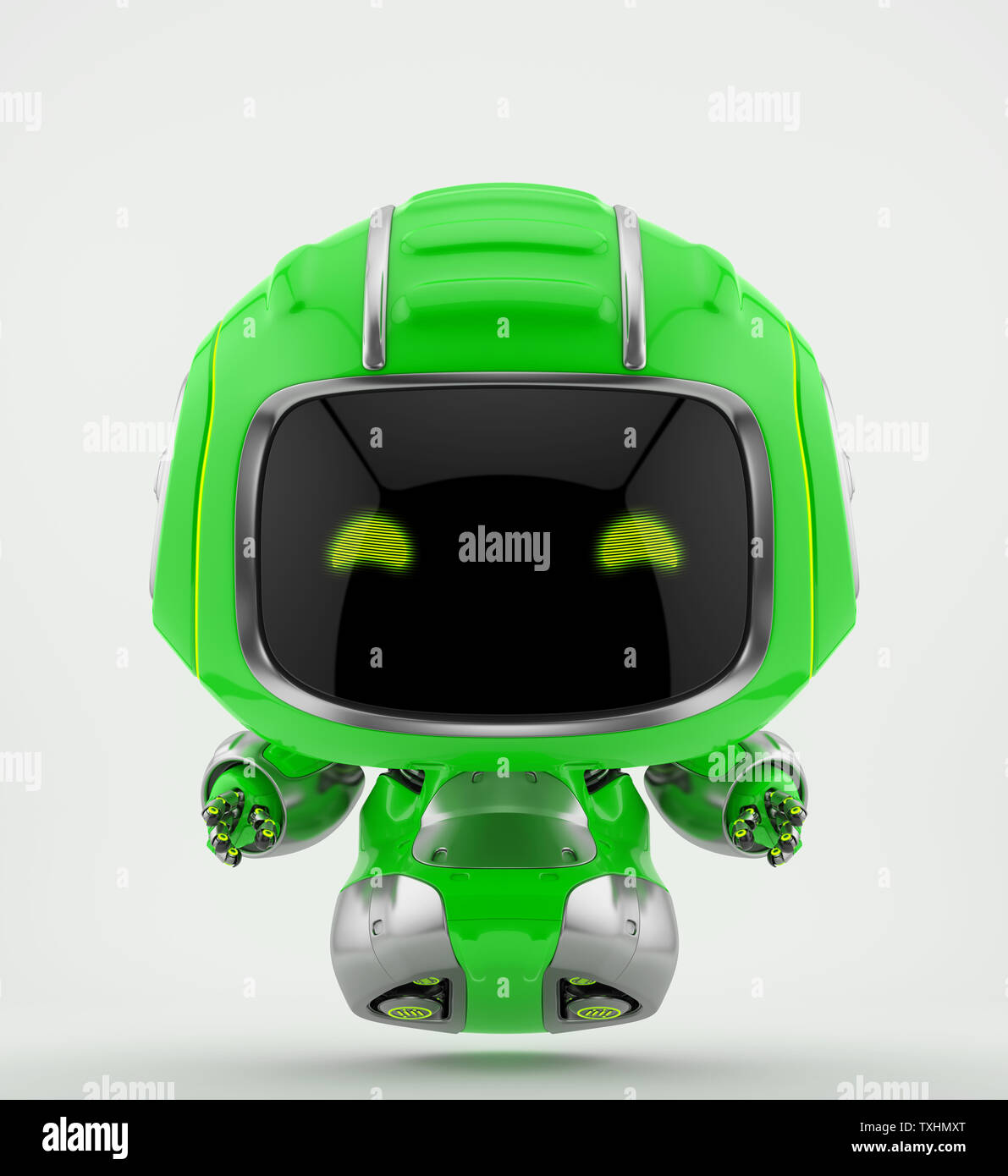 Smiling with his digital eyes, cute green aerial robot, 3d rendering ...
