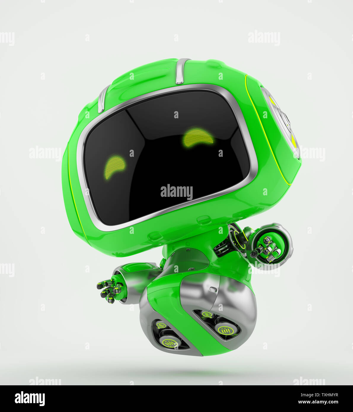 Smiling with his digital eyes, cute green aerial robot, 3d rendering ...