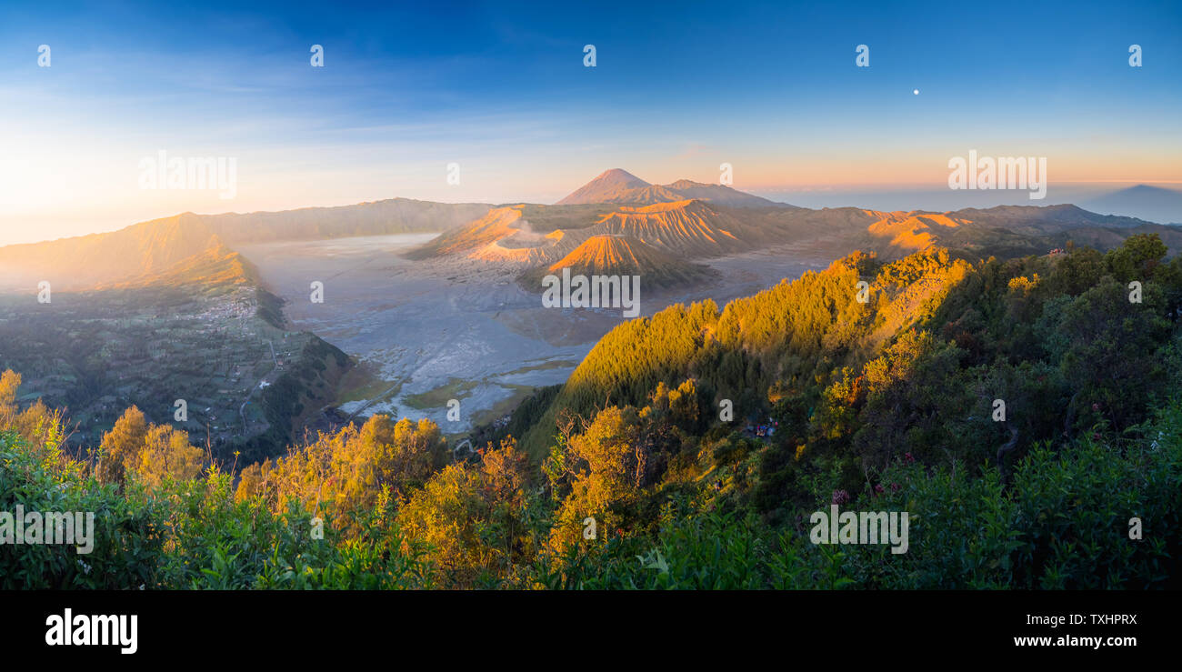 Panorama of Bromo mountain scenery with soft sunlight during sunrise ...