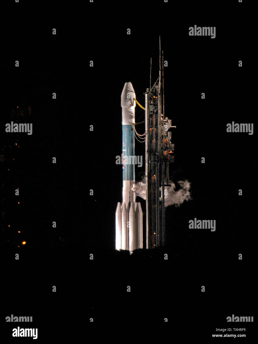 A Boeing Delta 2 rocket stands poised for launch at approximately 2:16 ...