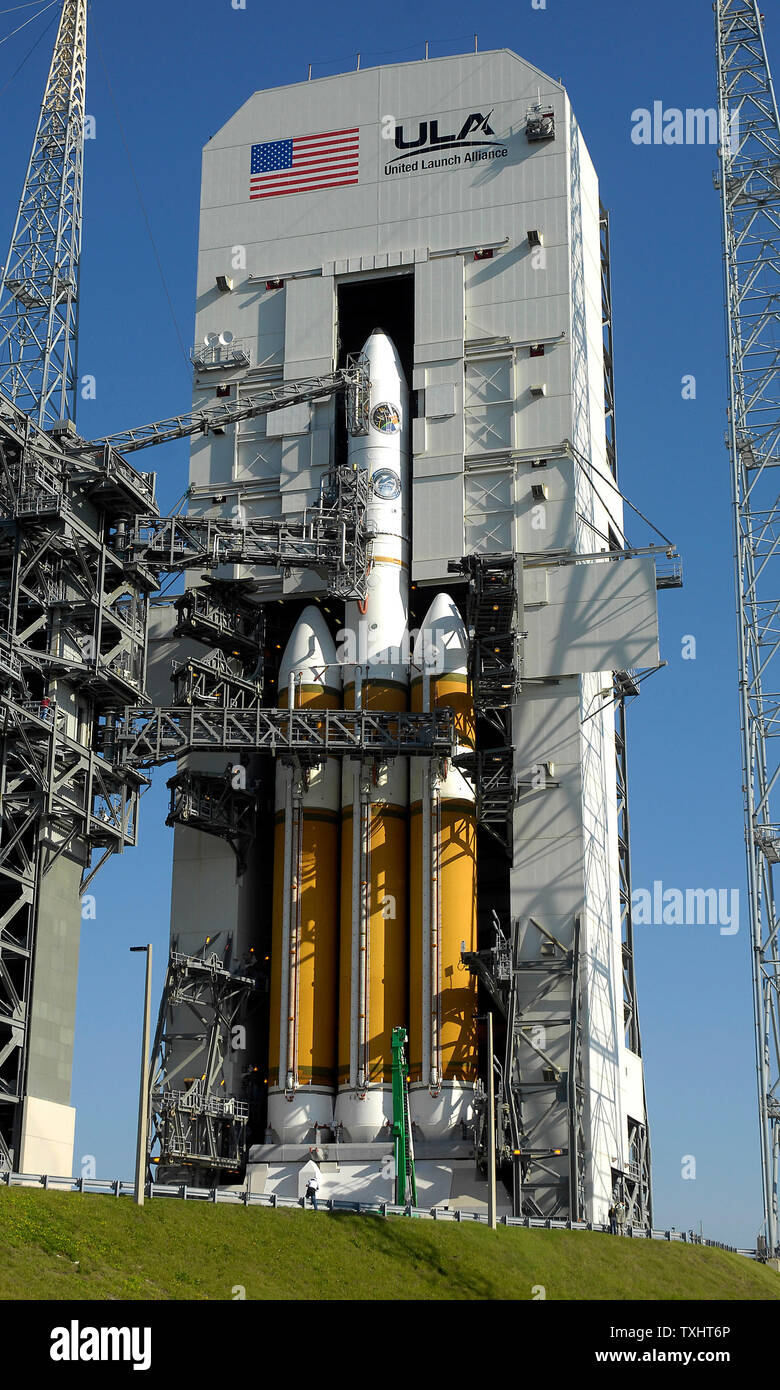 A Boeing Delta IV rocket sits poised on launch complex 37 at the Cape ...