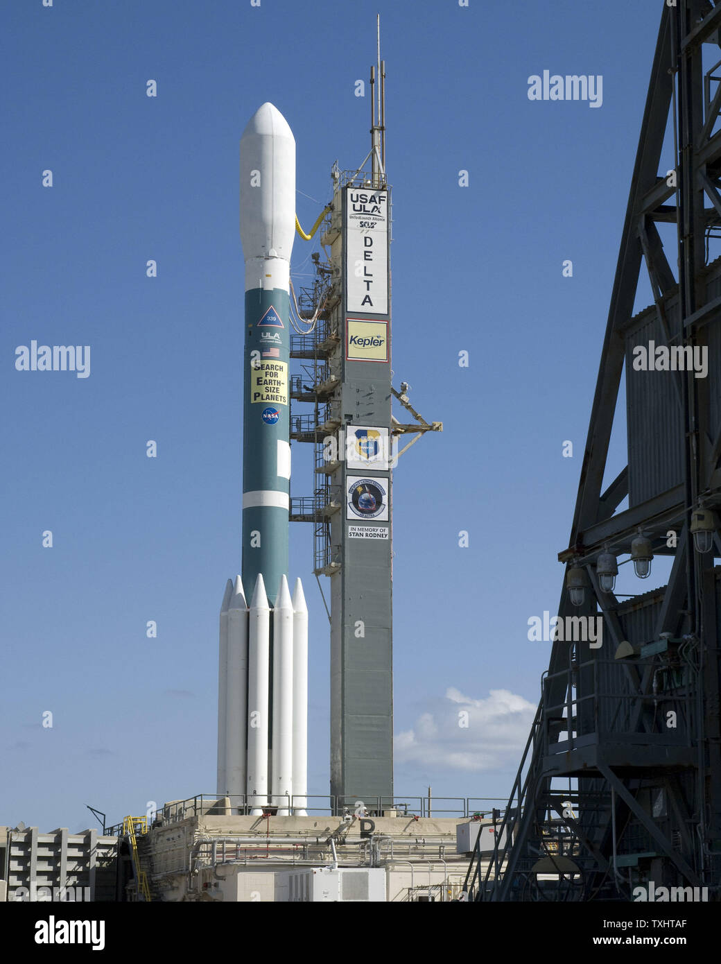 A Boeing Delta II rocket stands poised for launch on launch pad 17B at ...