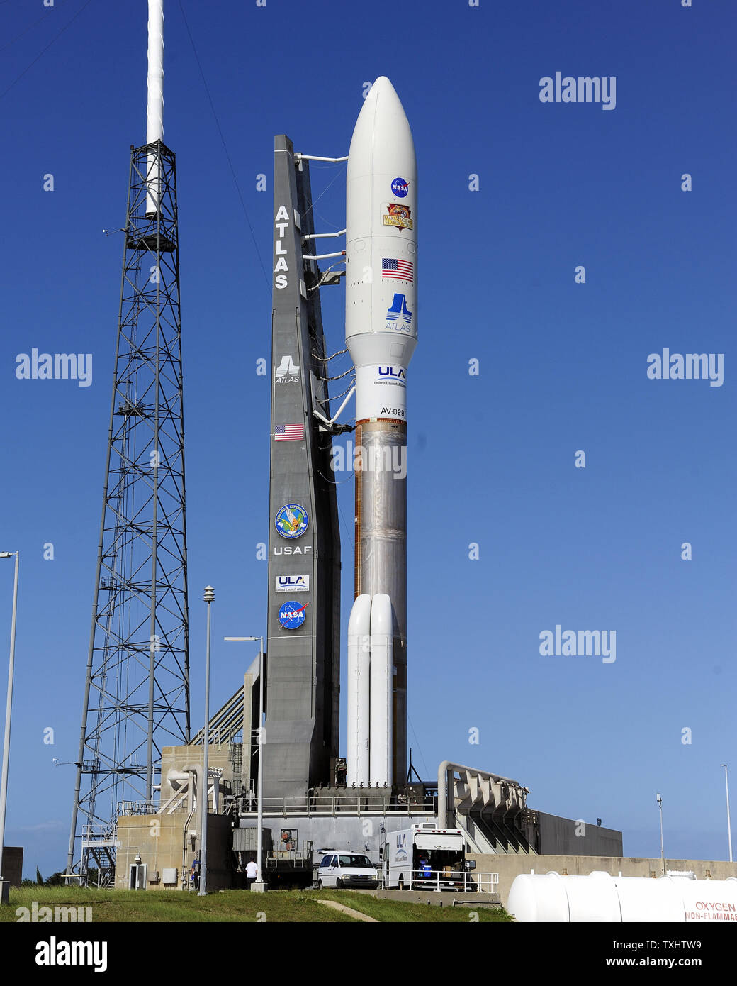 A United Launch Alliance Atlas V rocket is prepared for the launch of ...