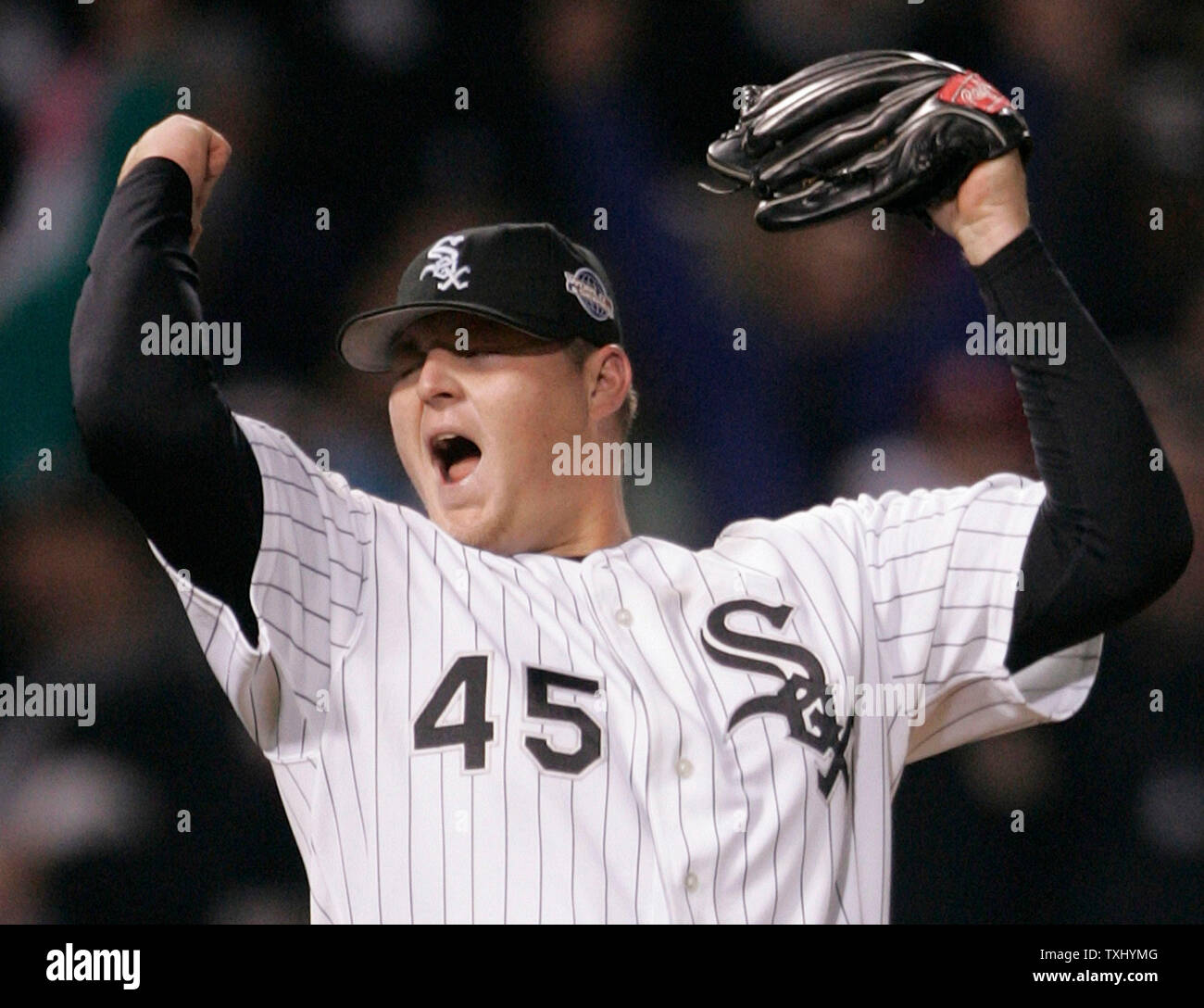 Chicago White Sox closer Bobby Jenks reacts after striking out Adam ...