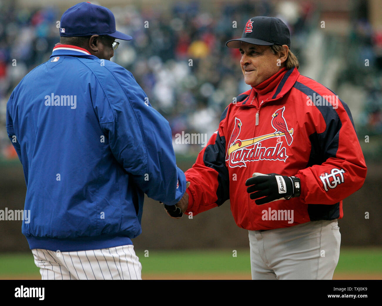 Chicago Cubs manager Dusty Baker, left, and St. Louis Cardinals manager ...