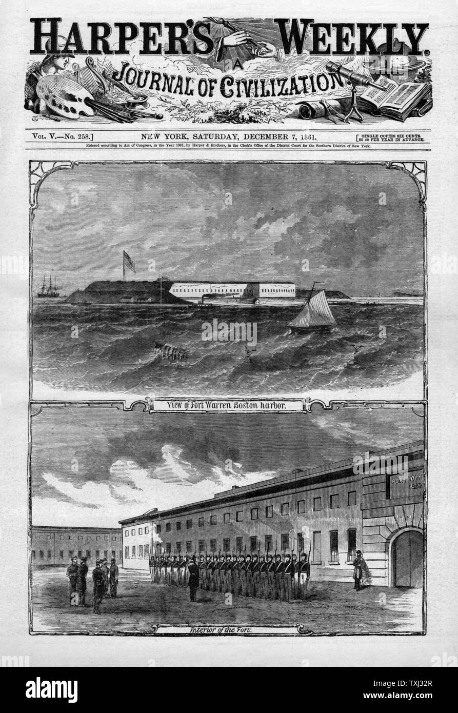 1861 Harper's Weekly front page illustration of Fort Warren at Boston ...