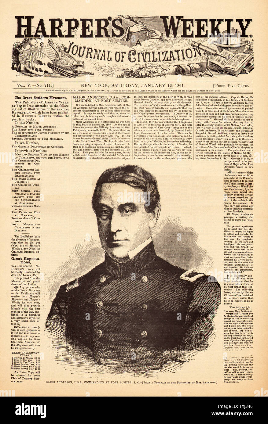 1861 Harper's Weekly front page Major Anderson Commander Fort Sumter ...