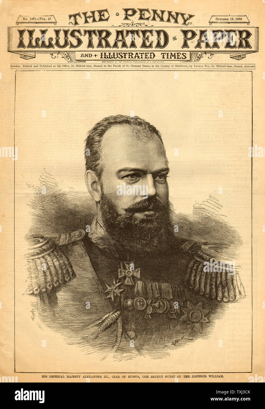 1889 Penny Illustrated Paper front page Alexander III of Russia Stock ...
