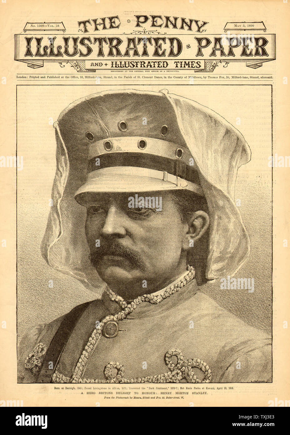 1890 Penny Illustrated Paper front page Explorer Henry Morton Stanley ...
