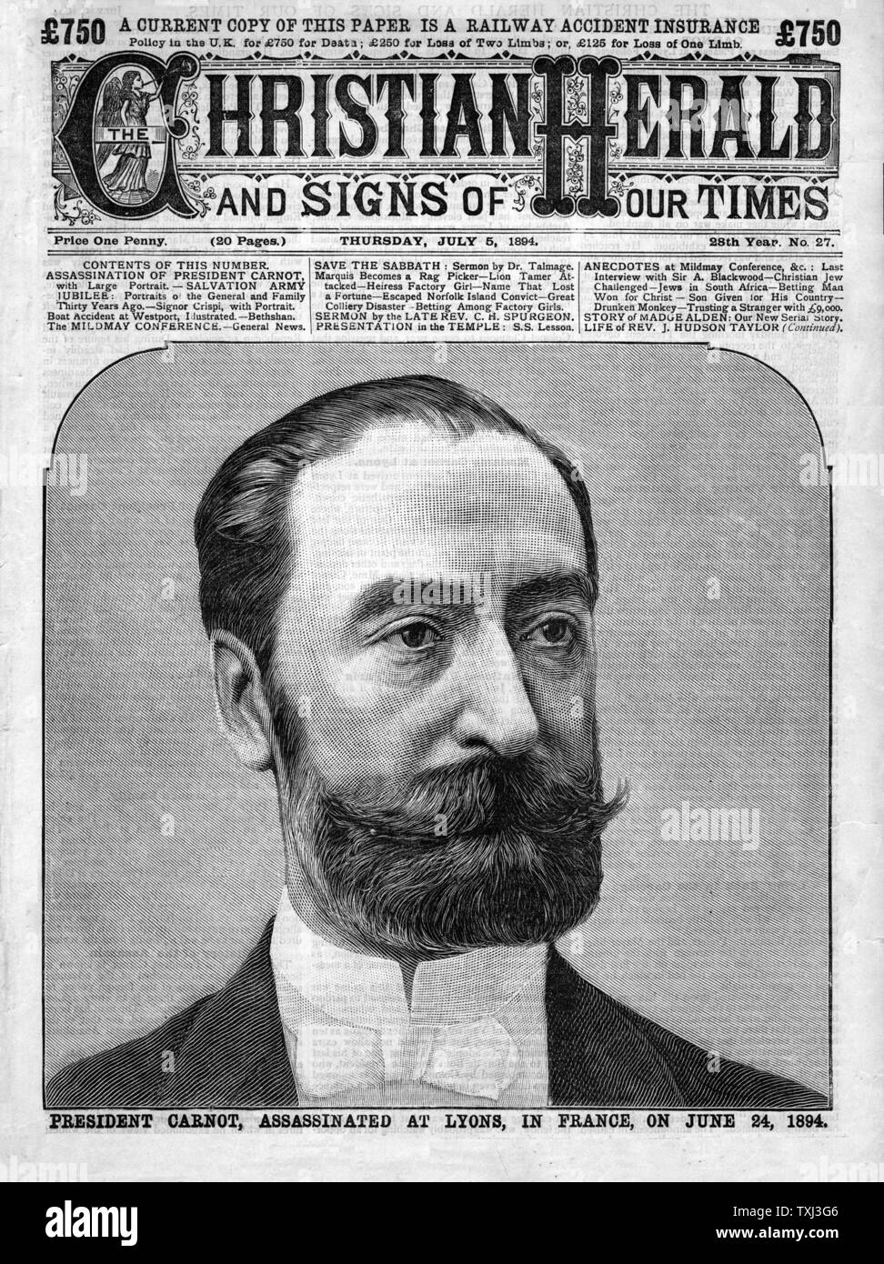 1894 Christian Herald front page Assassination of French President ...