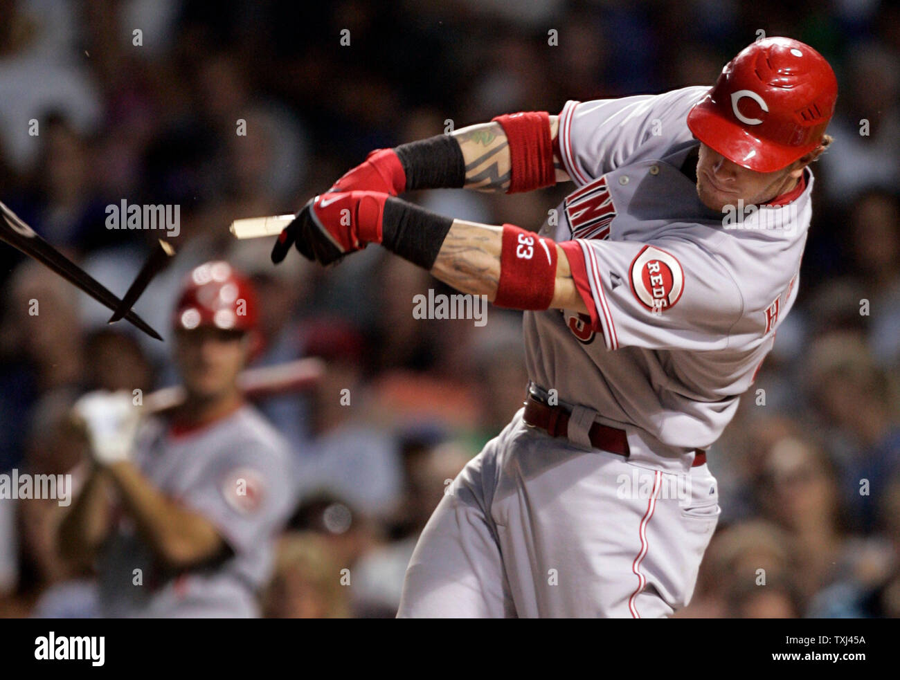 Cincinnati Reds center fielder Josh Hamilton (33) breaks his bat to ...