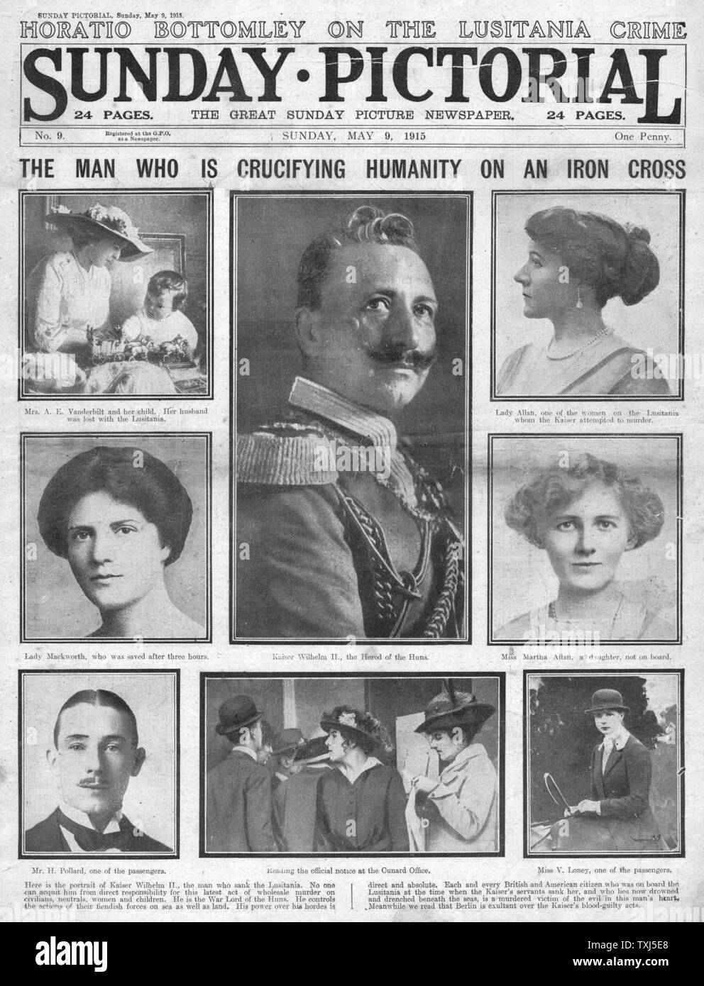 1915 Sunday Pictorial front page Sinking of the Lusitania and Anti ...