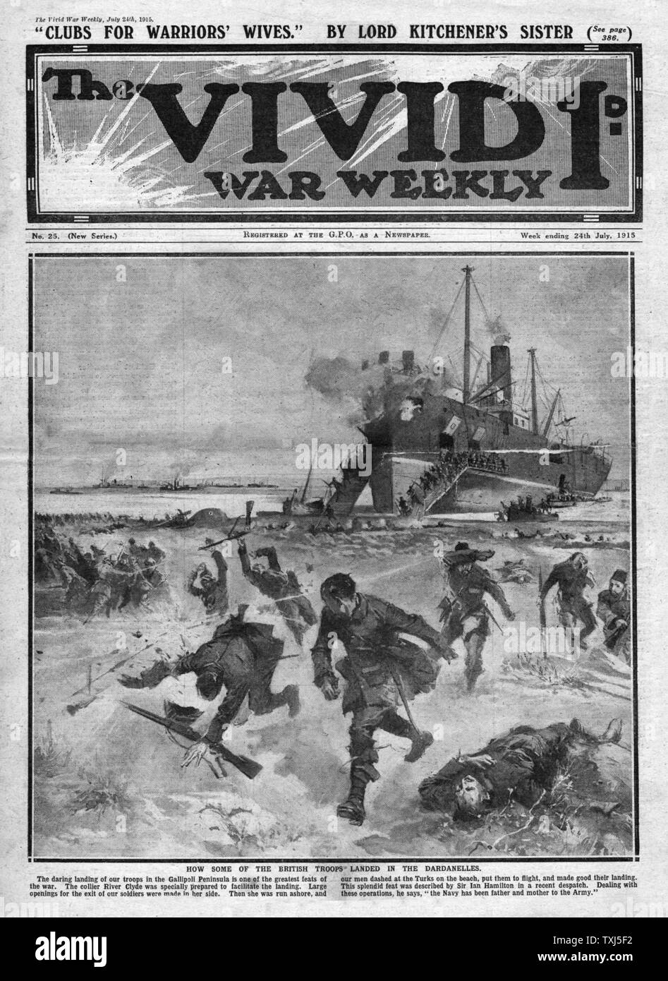 1915 The Vivid War Weekly front page reporting British troops landing ...
