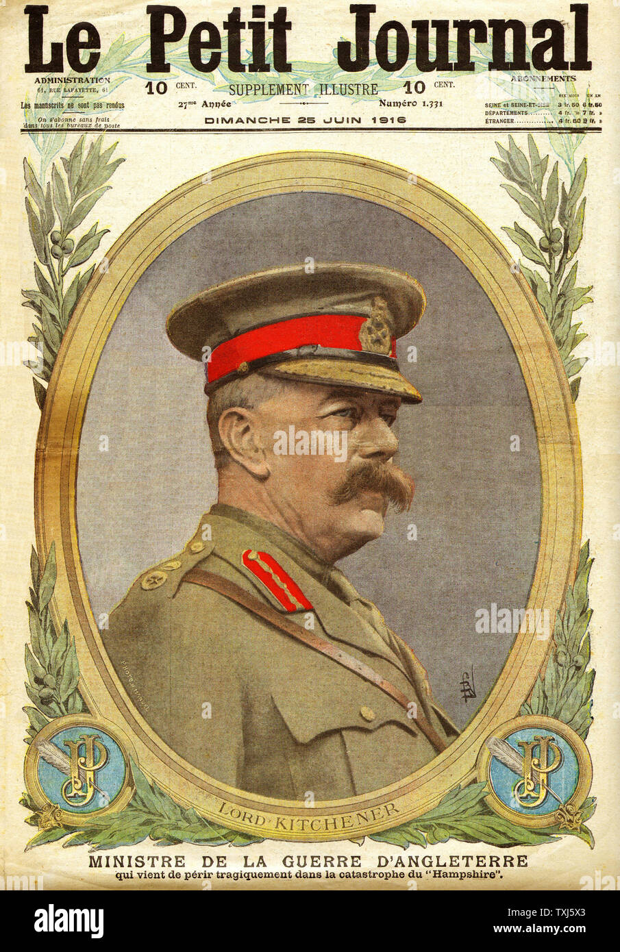 1916 Le Petit Journal front page reporting Lord Kitchener's Death Stock ...