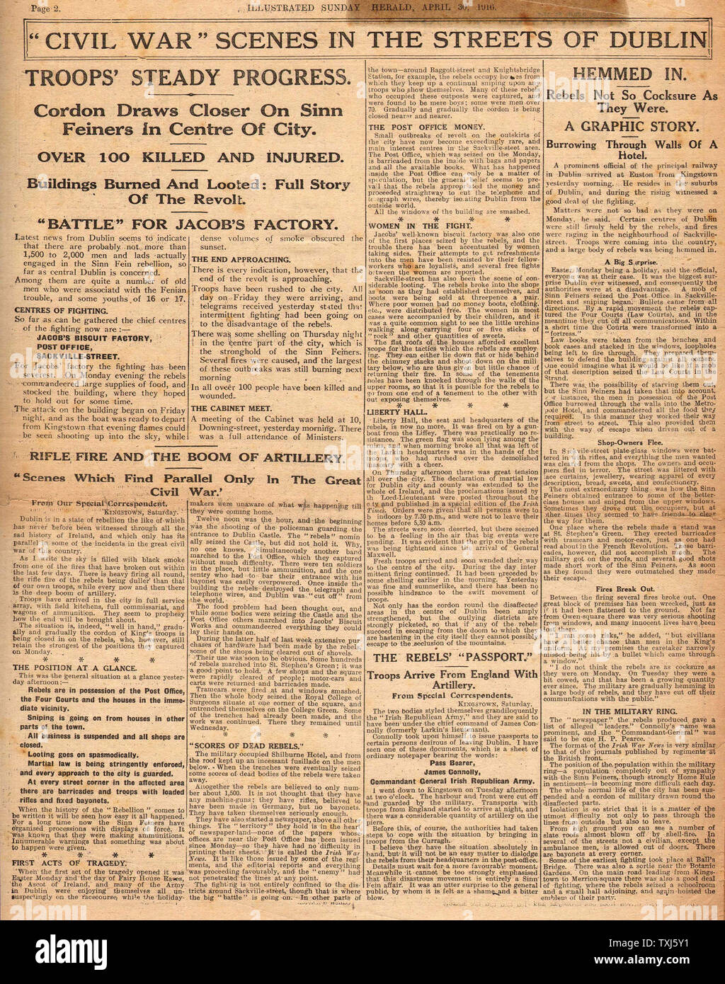 1916 Sunday Herald page 2 reporting Easter Uprising Ireland Stock Photo ...