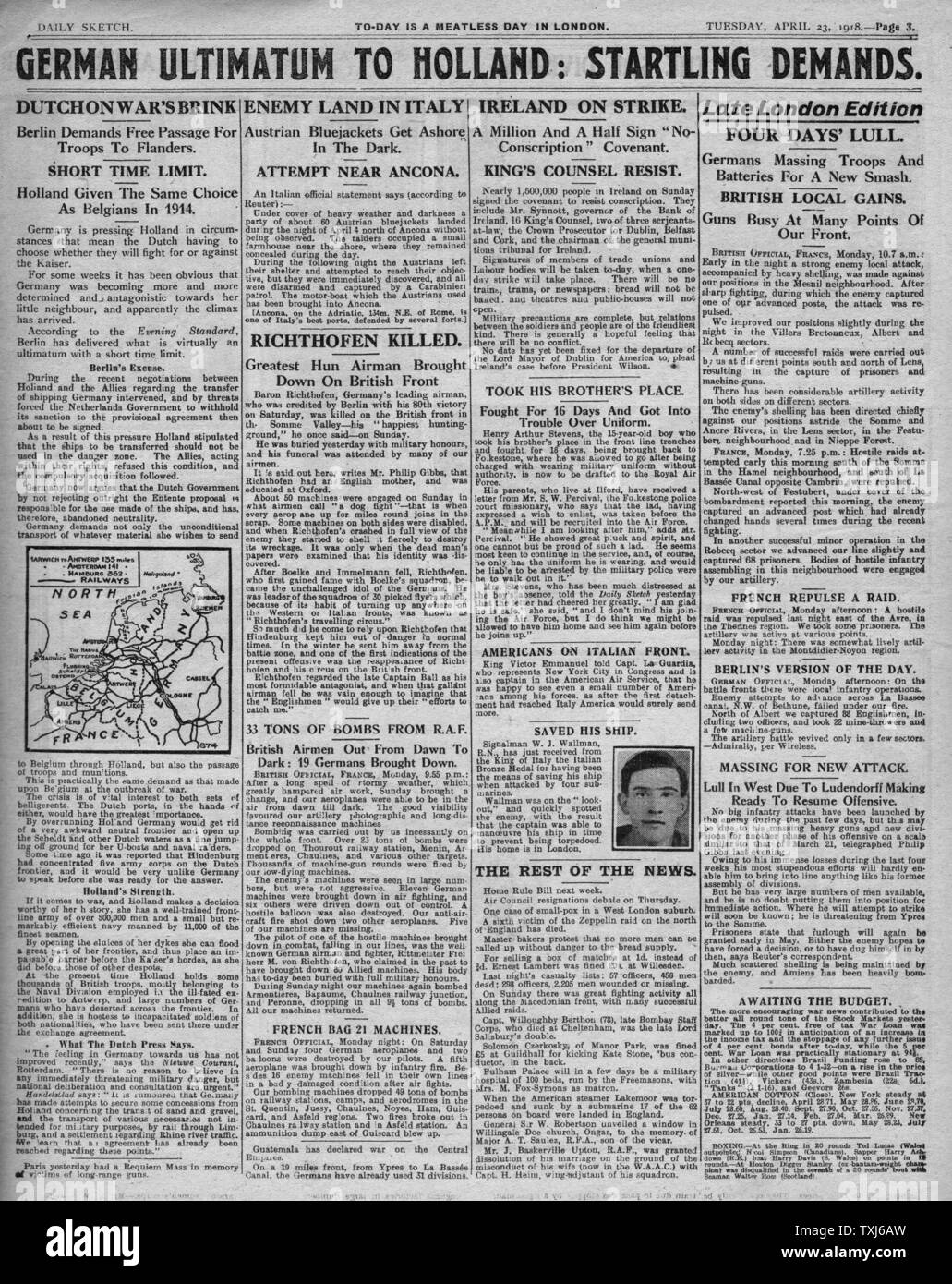 1918 Daily Sketch page 3 reporting Death of Manfred von Richthofen ...