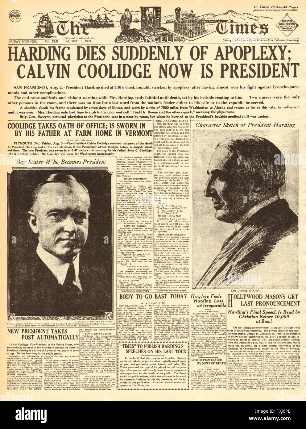 1923 Los Angeles front page reporting President Harding dead Calvin ...