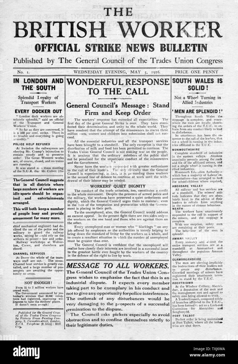 1926 British Worker front page reporting General Strike Begins Stock ...