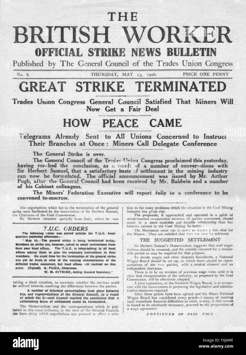 1926 British Worker front page reporting General Strike Ends Stock ...