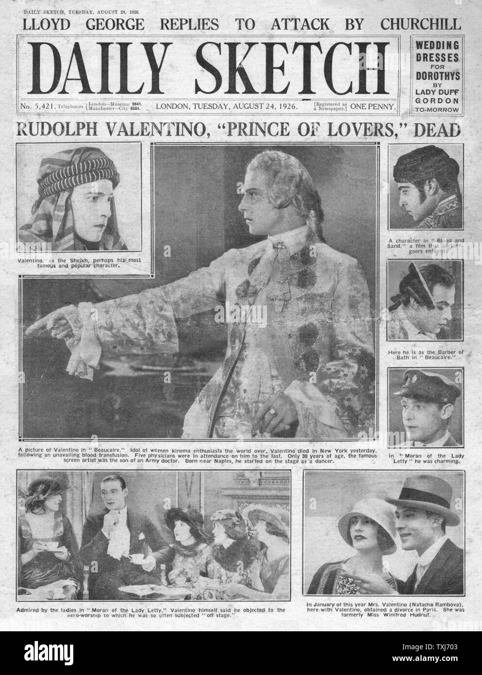 1926 Daily Sketch front page reporting Actor Rudolph Valentino dead ...