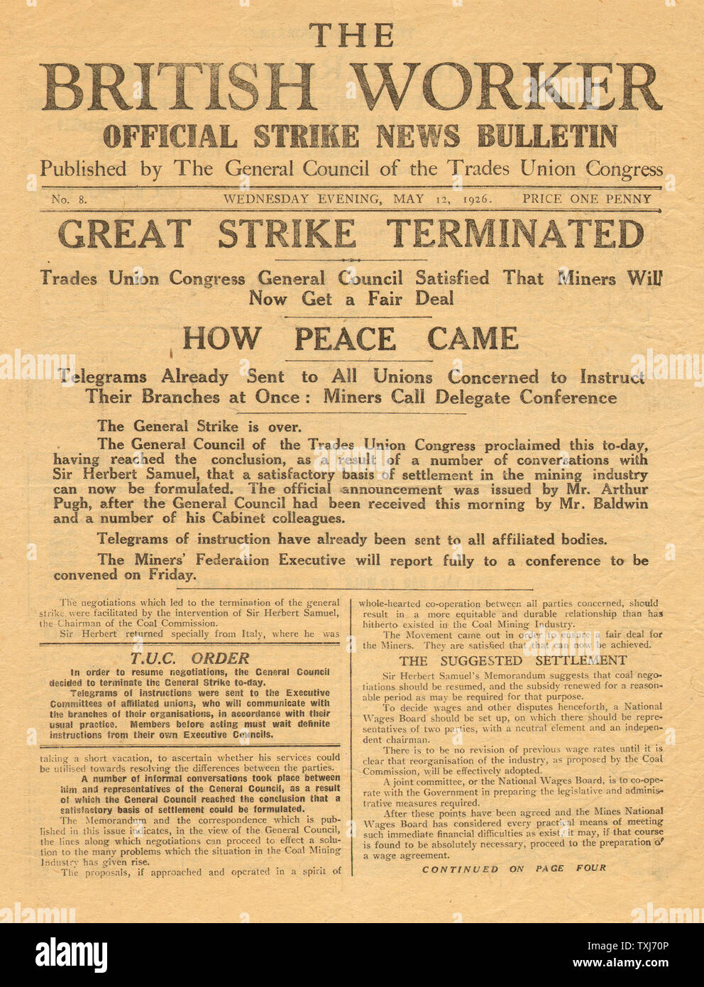 1926 British Worker front page reporting General Strike ends Stock ...