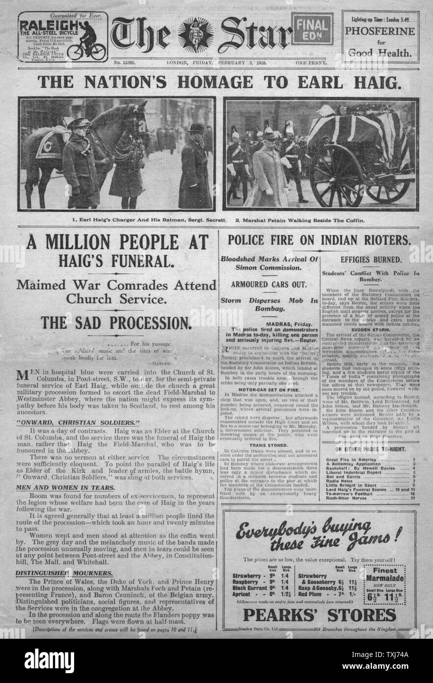 1928 The Star front page reporting Field Marshall Douglas Haig funeral ...