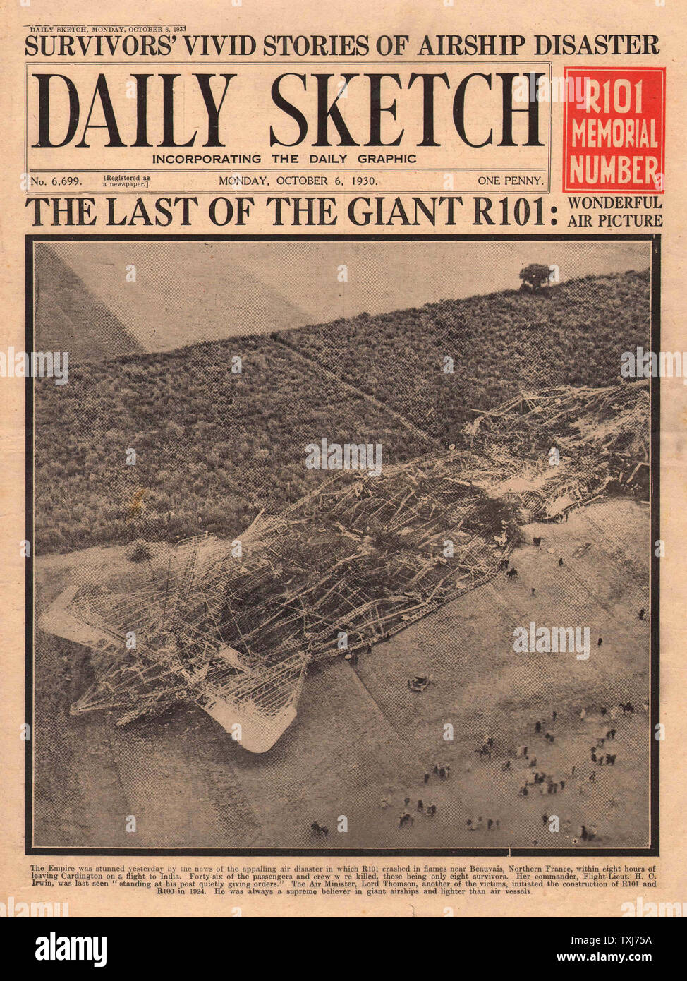 1930 Daily Sketch front page reporting R101 airship disaster Stock ...