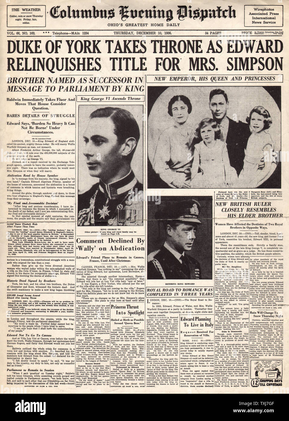 1936 Columbus Evening Dispatch front page Abdication of King Edward ...