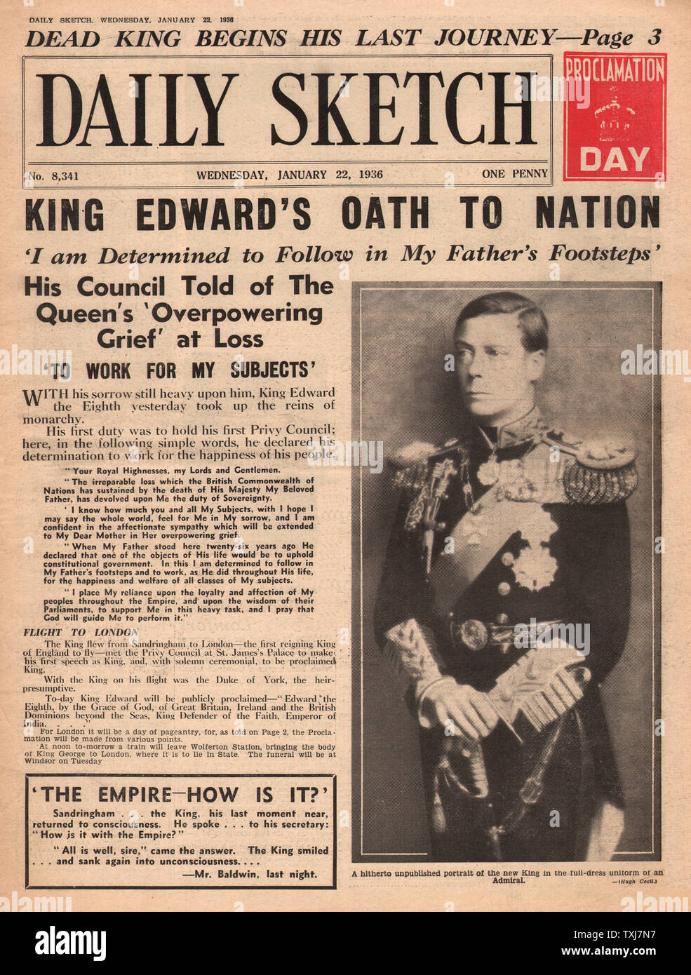 1936 Daily Sketch front page King Edward VIII proclaimed king Stock ...