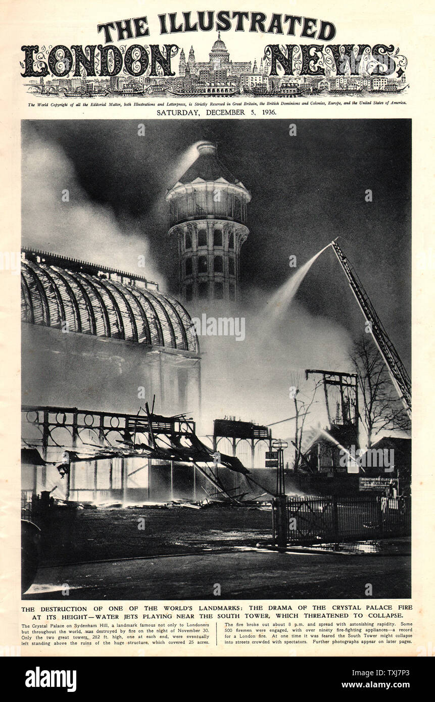 1936 Illustrated London News front page Crystal Palace Fire Stock Photo ...