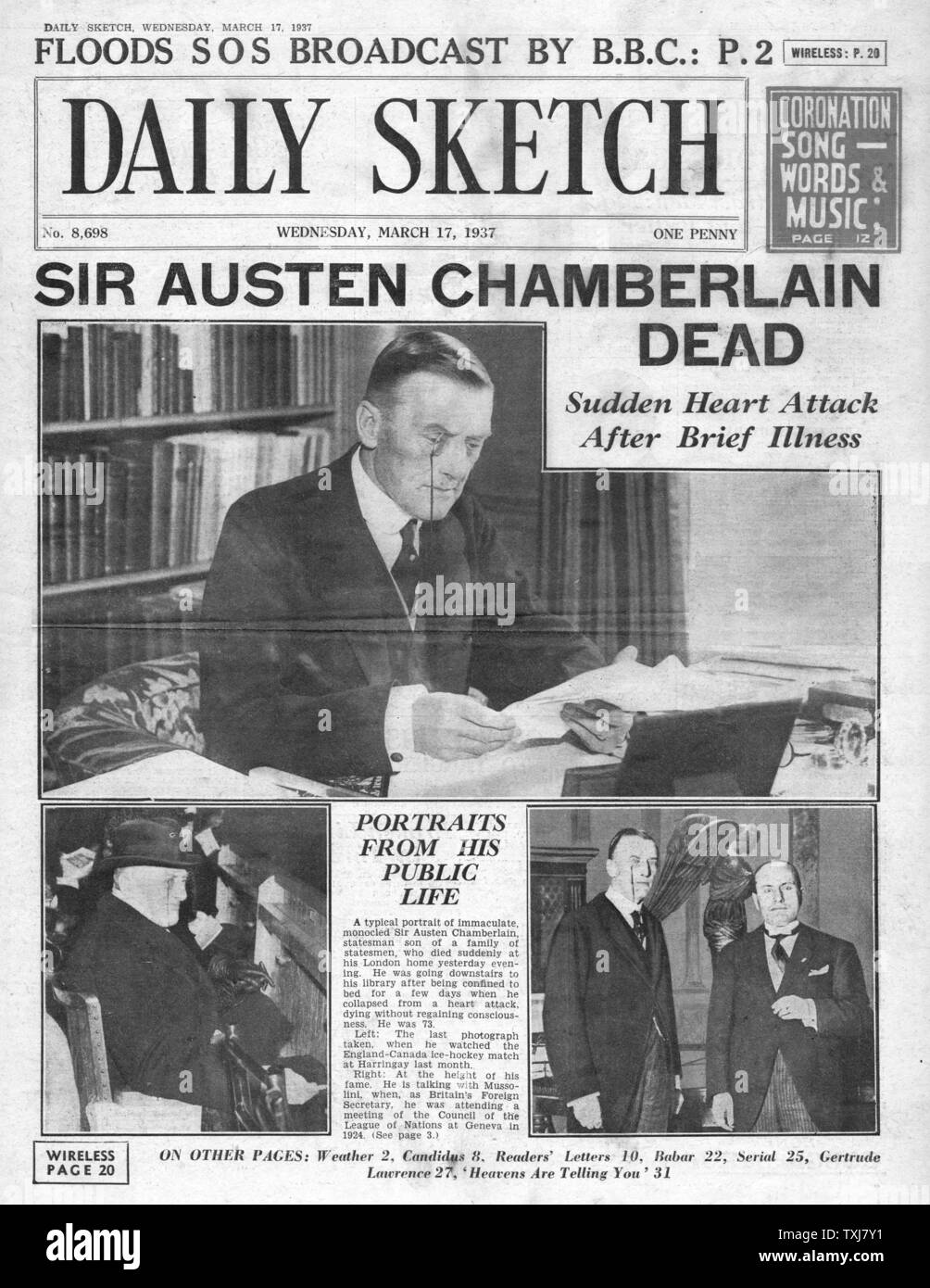 1937 Daily Sketch front page Death of statesman Sir Austen Chamberlain ...