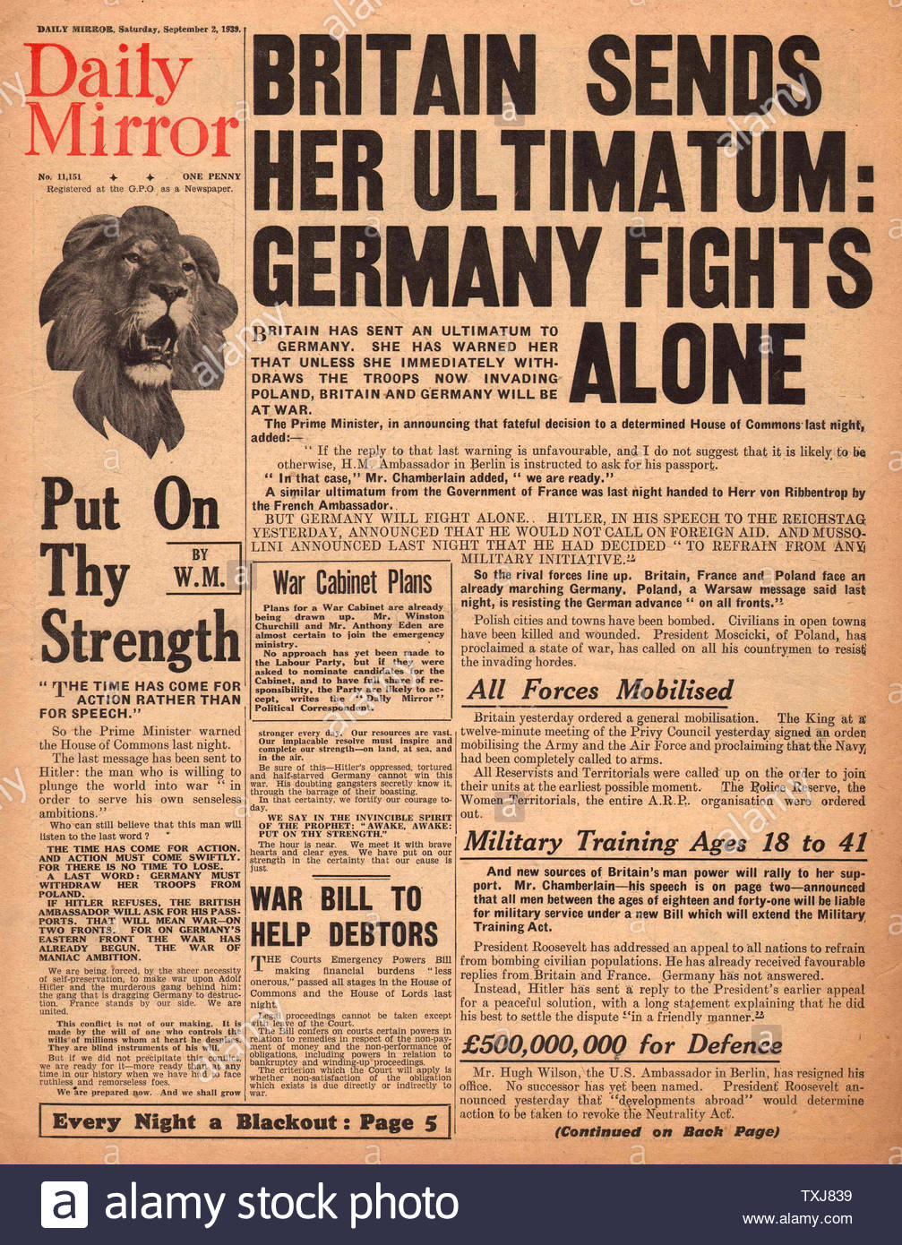 1939 World War Two World War 2 Newspaper Headline High Resolution Stock ...