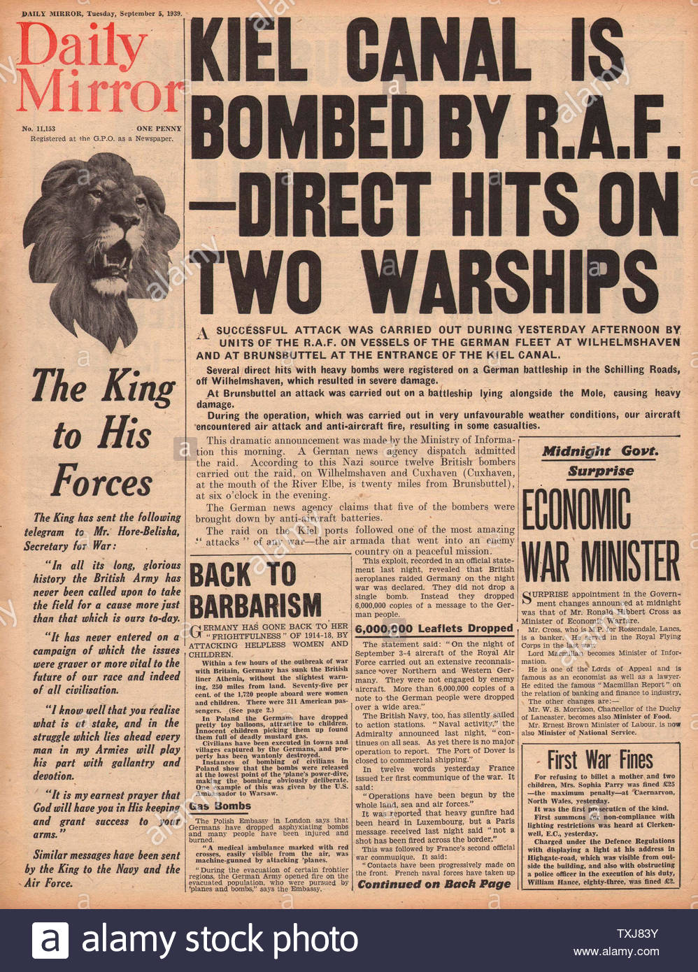 1939 World War Two World War 2 Newspaper Headline High Resolution Stock ...