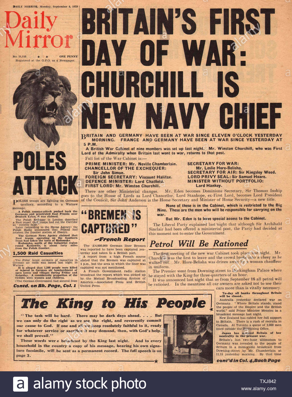 Britain Germany War 1939 Newspaper Stock Photos & Britain Germany War ...