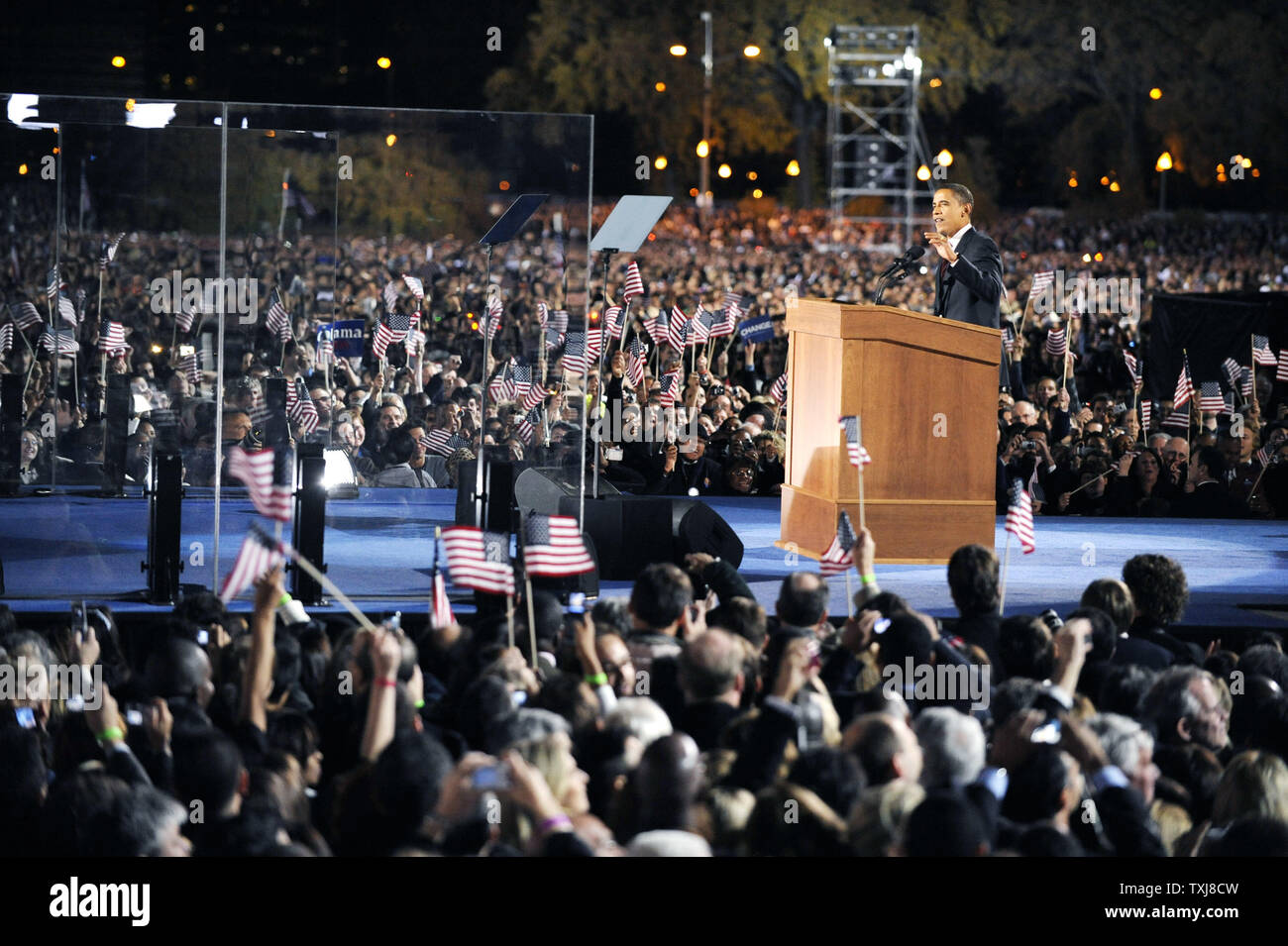 President-elect Barack Obama addresses the massive crowd at his ...