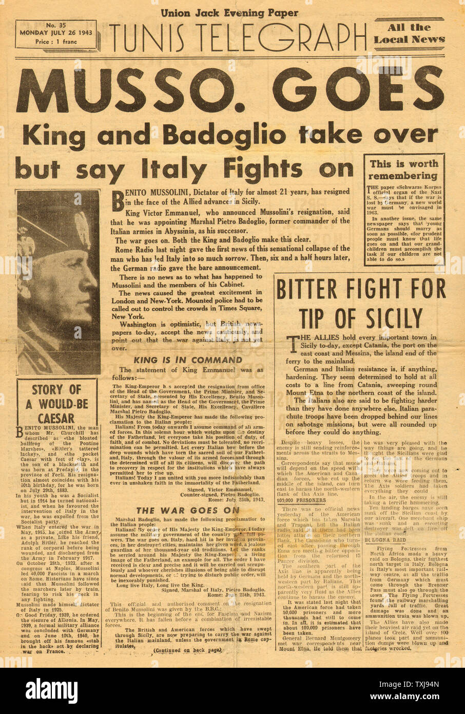 1943 Union Jack Evening paper Tunis Telegraph Benito Mussolini resigns ...
