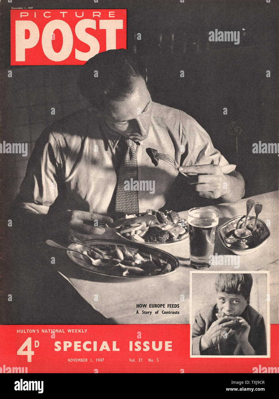 1947 Picture Post magazine front page showing a man eating his dinner ...