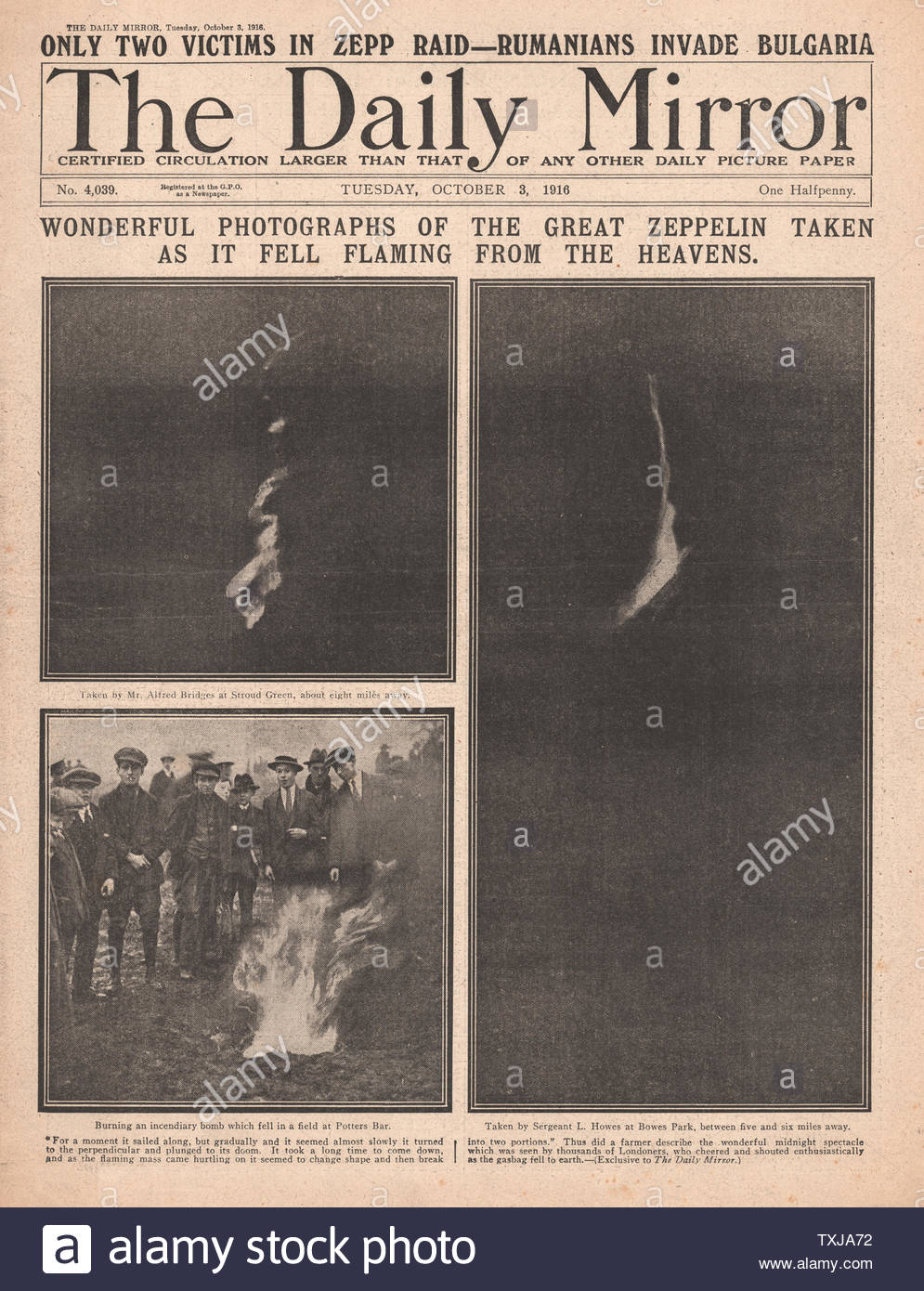 1916 Daily Mirror Front Page Stock Photos & 1916 Daily Mirror Front ...