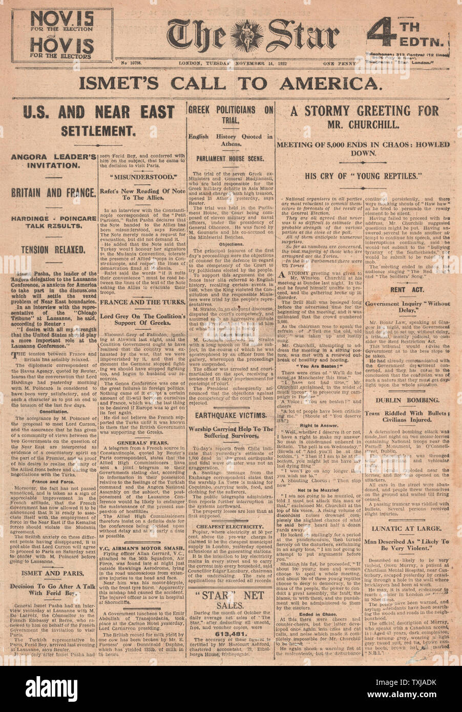 1922 The Star newspaper front page Churchill shouted down in Dundee ...