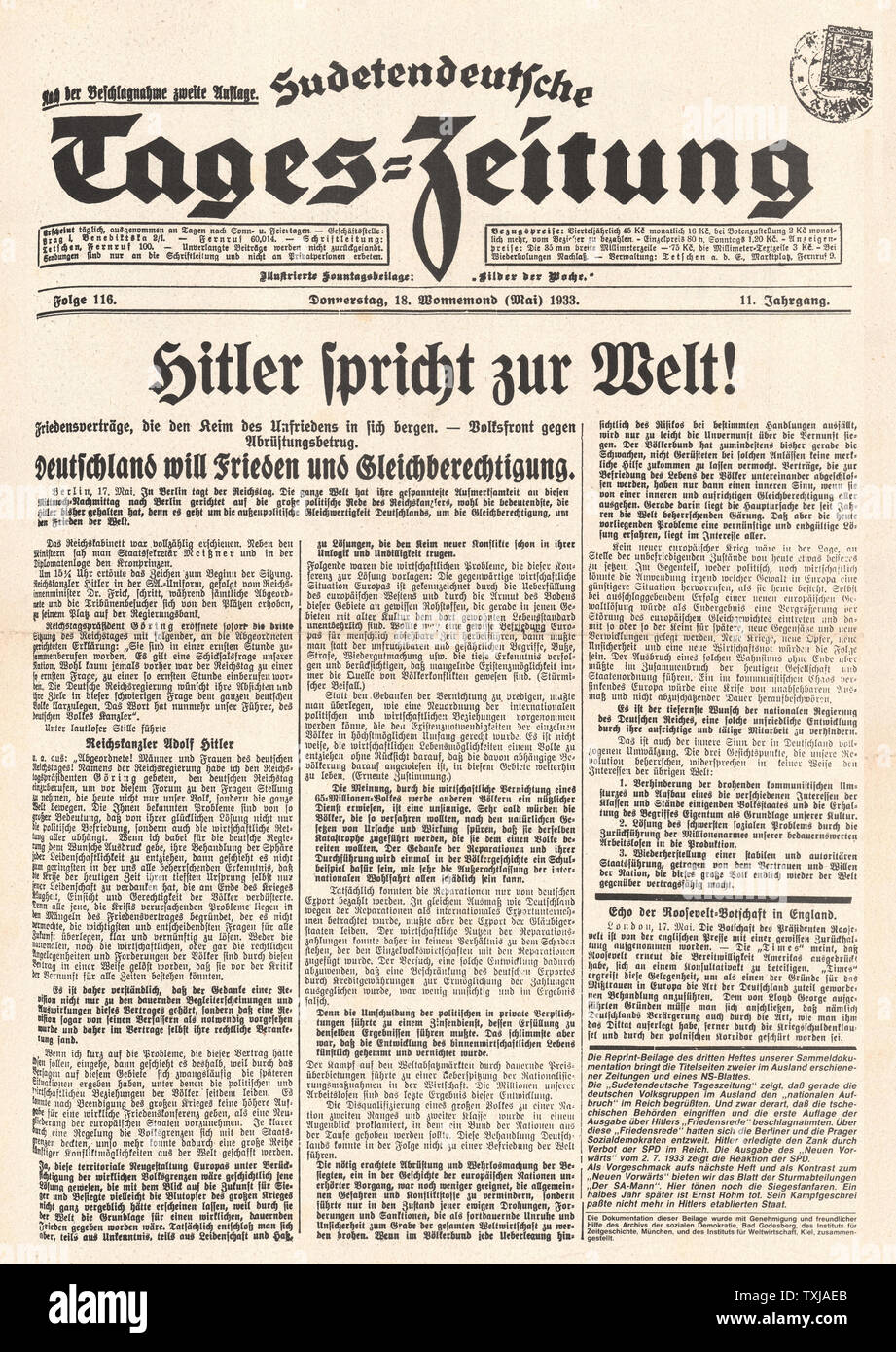 1933 Tages Zeitung newspaper front page Hitler speaks to the world ...