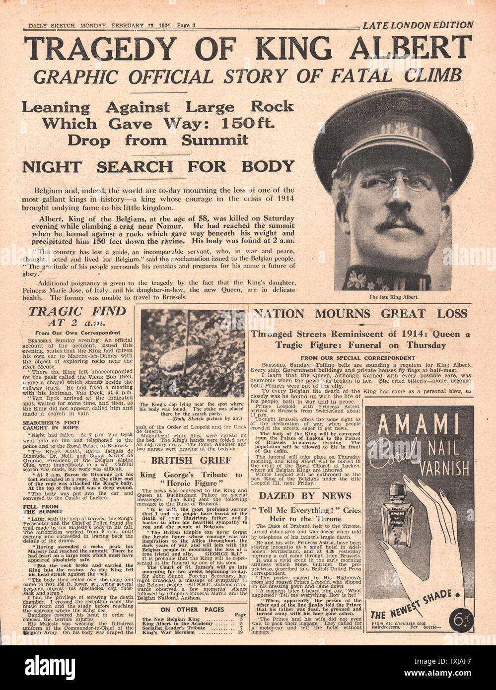 1934 Daily Sketch newspaper front page Death of King Albert of the ...