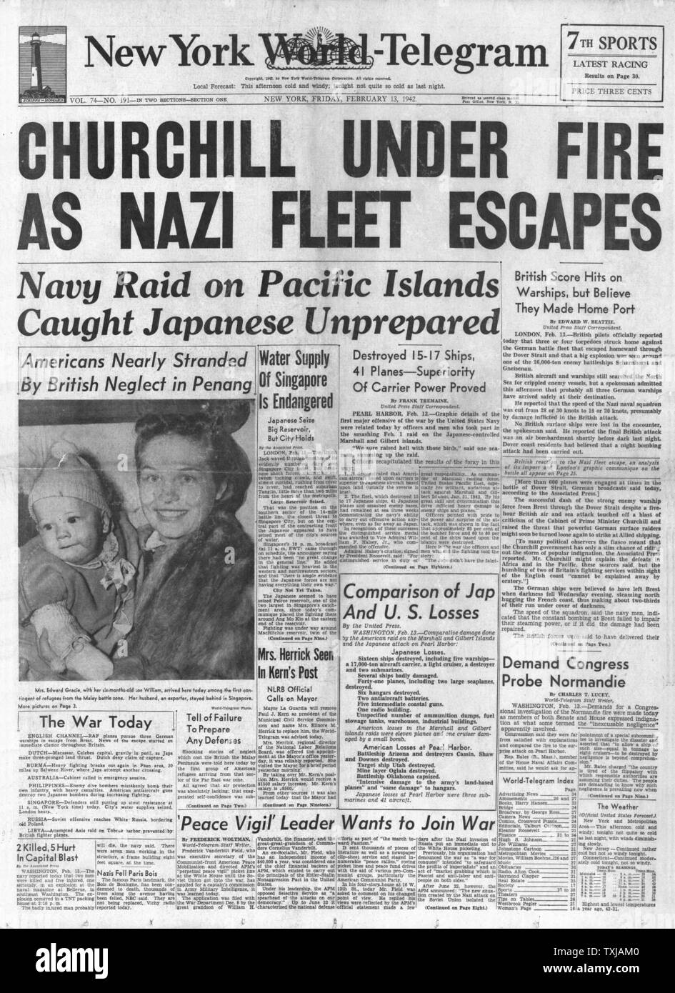 1942 New York World Telegram front page reporting Operation Cerberus ...