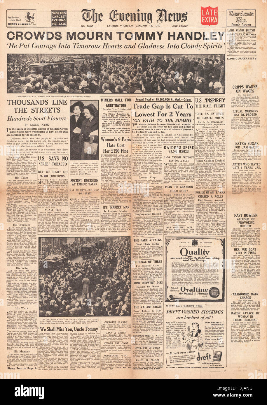 1949 Evening News newspaper front page death of Thomas Handley Stock ...