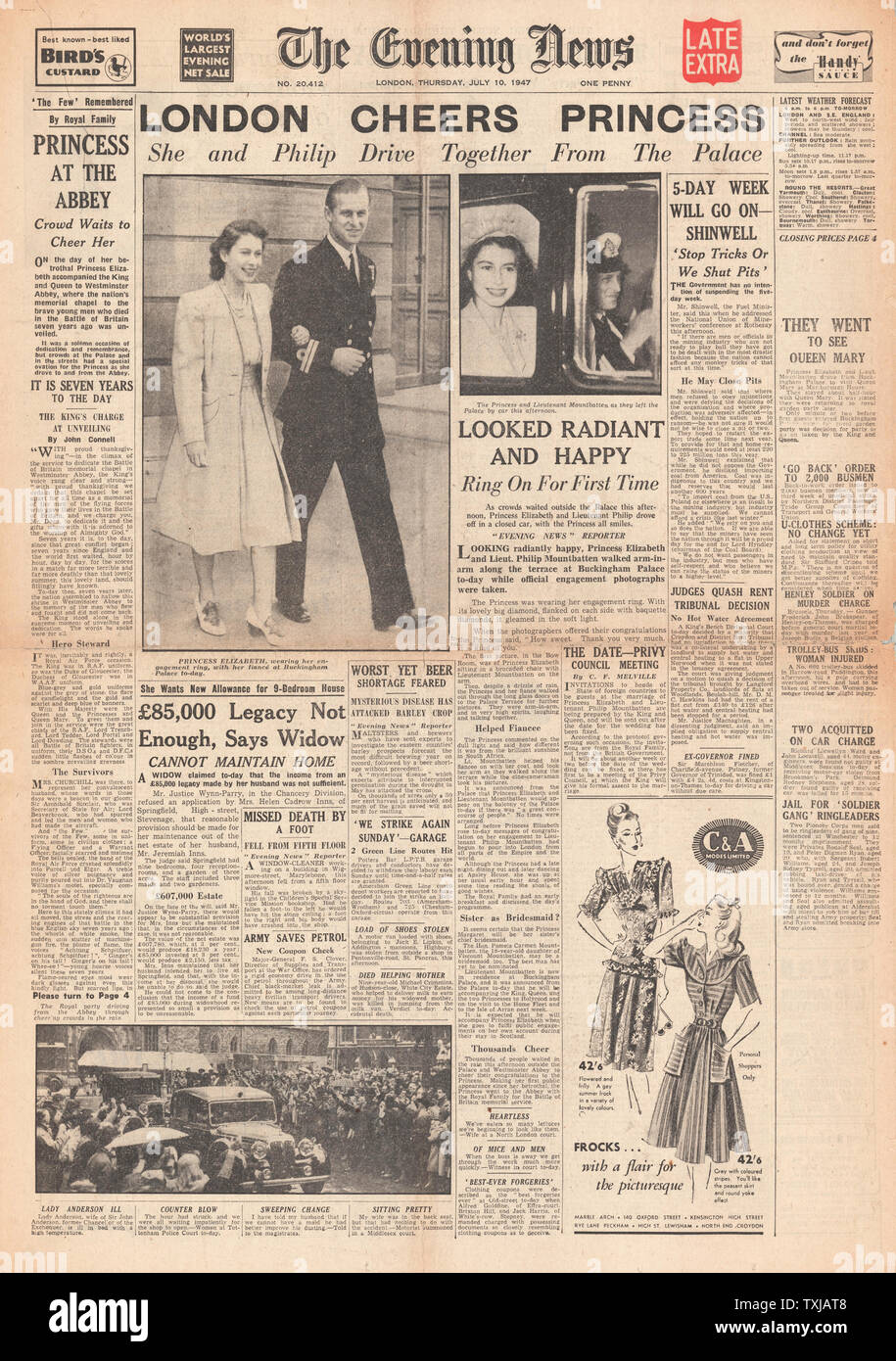 1947 Evening News newspaper front page Engagement of Princess Elizabeth ...