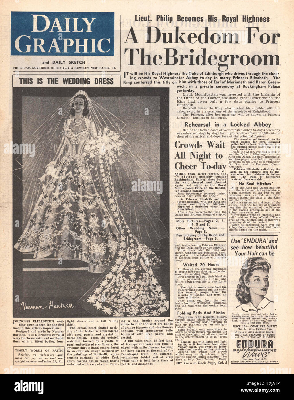 1947 The Graphic newspaper front page Princess Elizabeth marries Philip ...